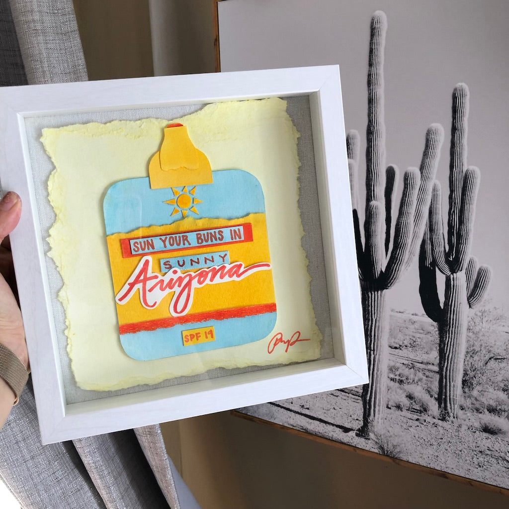 "Sun Your Buns” Original Sunscreen Collage Painting – Paige Poppe Art
