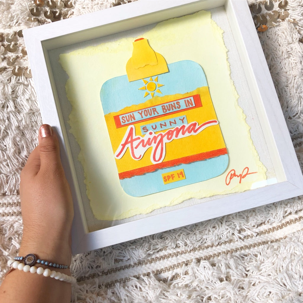 "Sun Your Buns” Original Sunscreen Collage Painting – Paige Poppe Art
